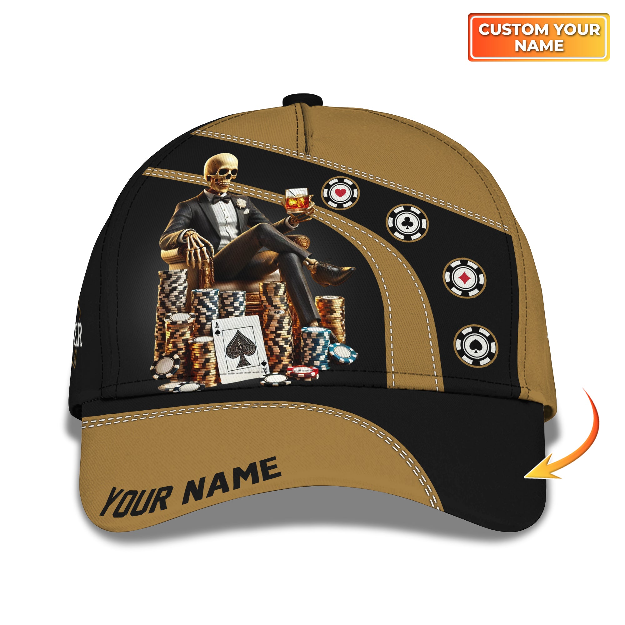 Skull Poker Chips Gambler Cap, Custom Name Poker Hat, Poker Player Hat ...